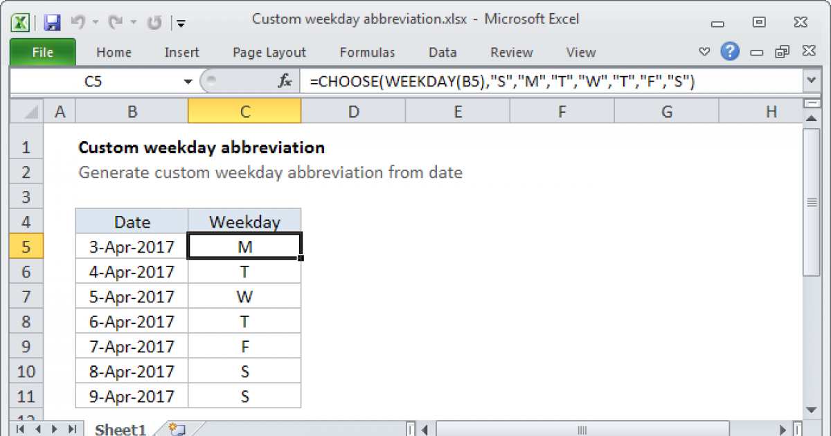 Custom Weekday Abbreviation Excel Formula Exceljet